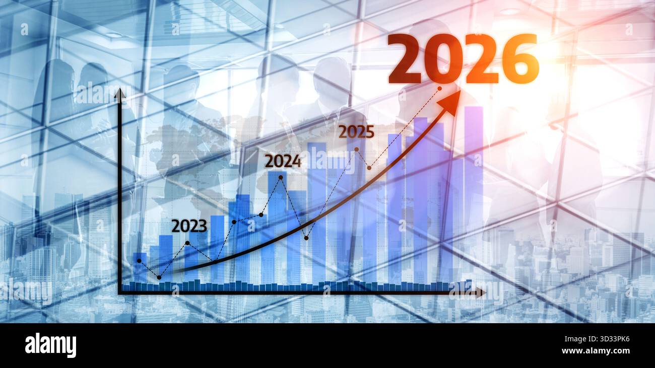 This image depicts a business growth trend chart projecting from 2023 ...