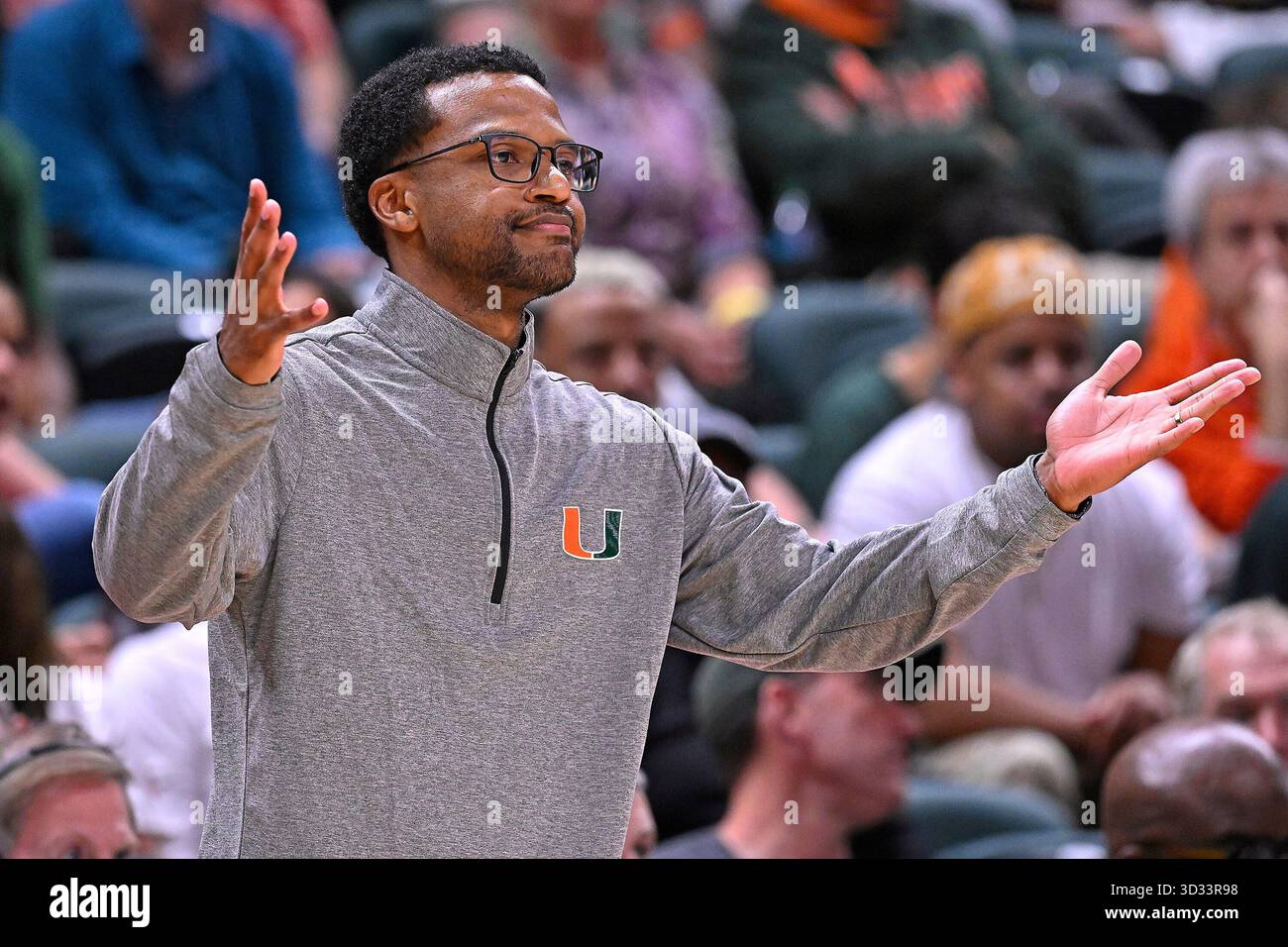 CORAL GABLES, FL - NOVEMBER 03: Miami Head Coach Jai Lucas reacts to a ...