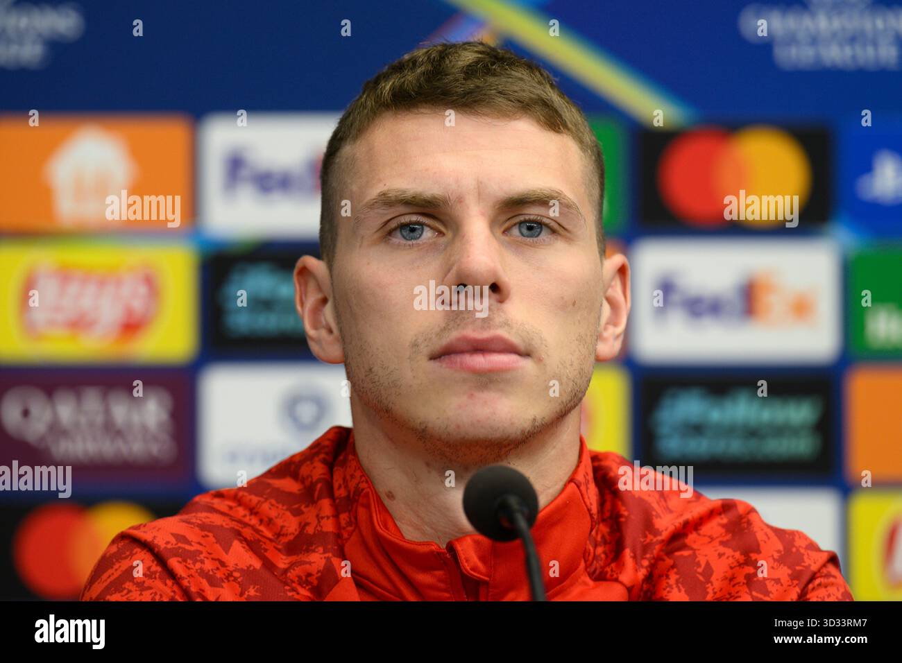 Defender David Doudera of Slavia speaks during the press conference ...
