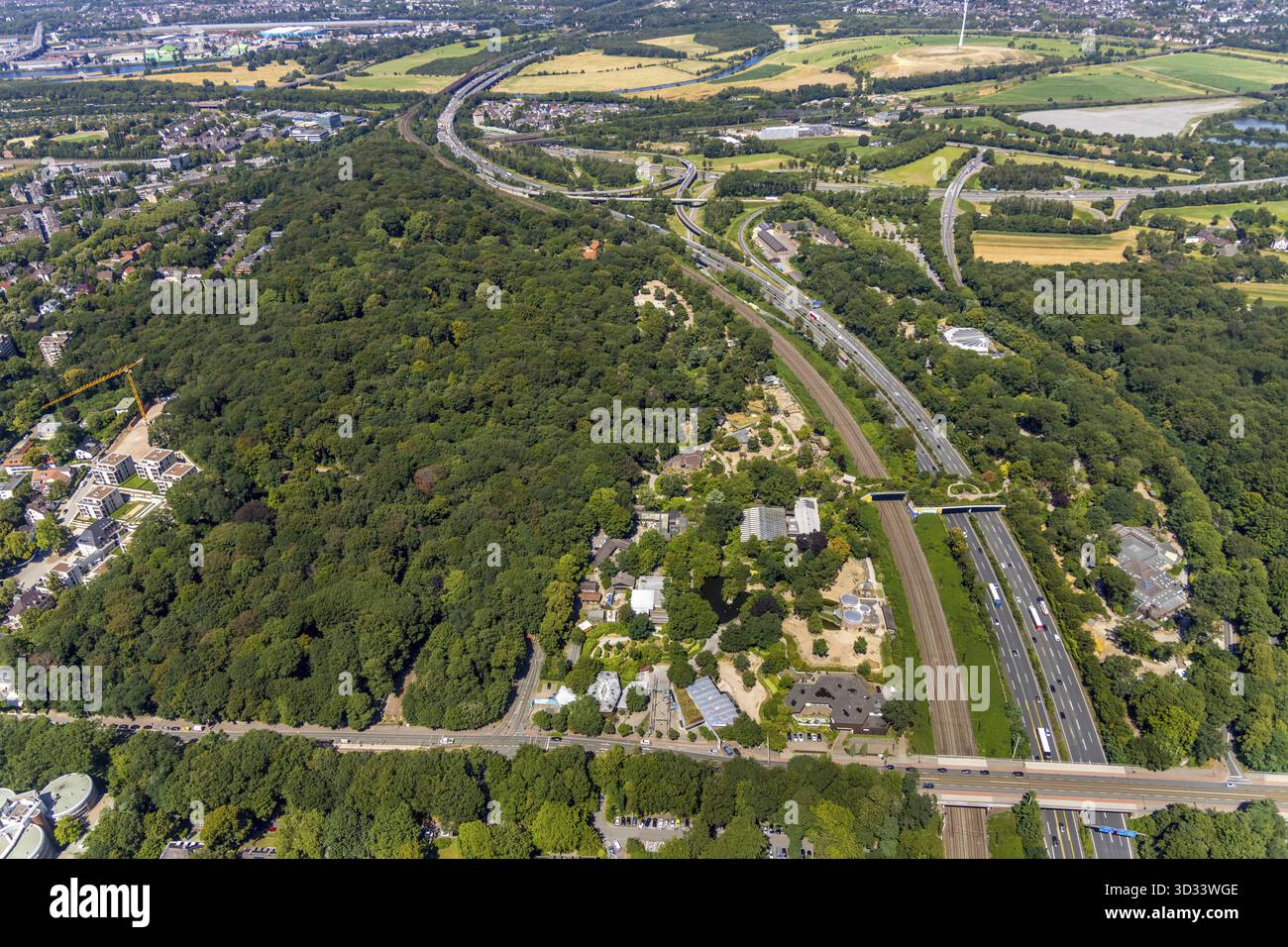 Aerial view of Duisburg Zoo with green zoo bridge on the BAB A3 ...