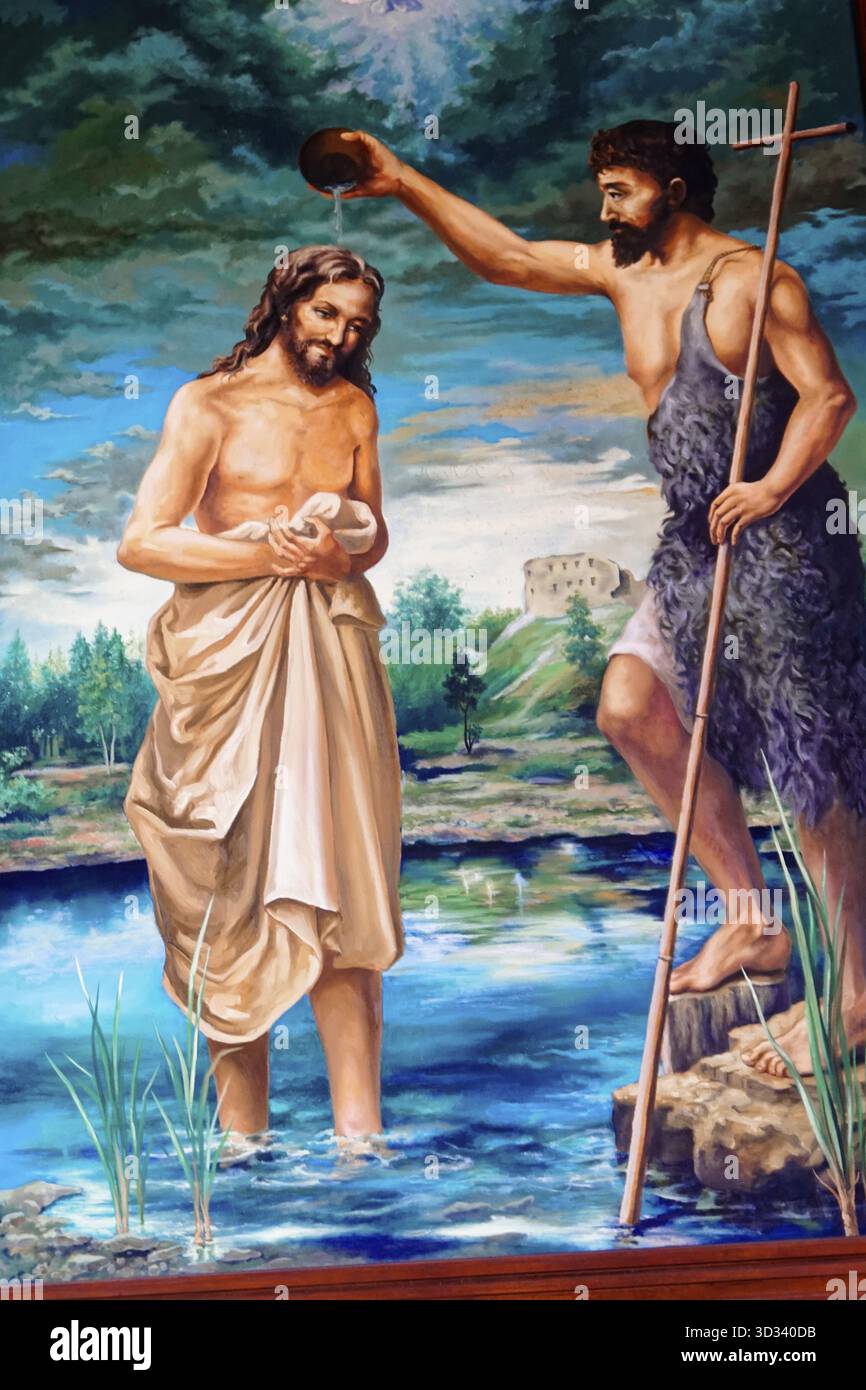 Baracoa, Cuba, Central America, depiction of the baptism of Jesus by ...