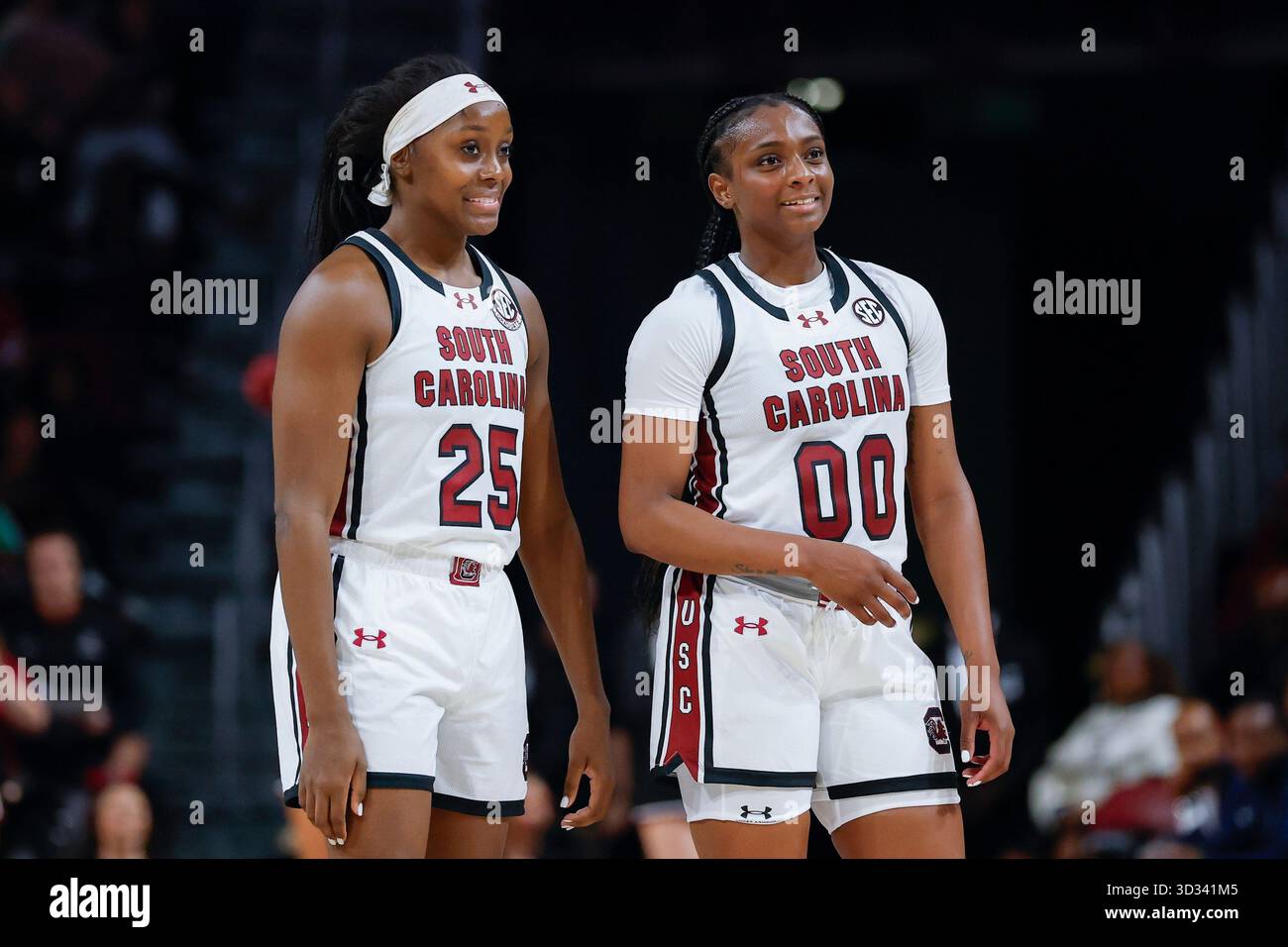 South Carolina guards Raven Johnson, left, and Ta'Niya Latson stands on ...