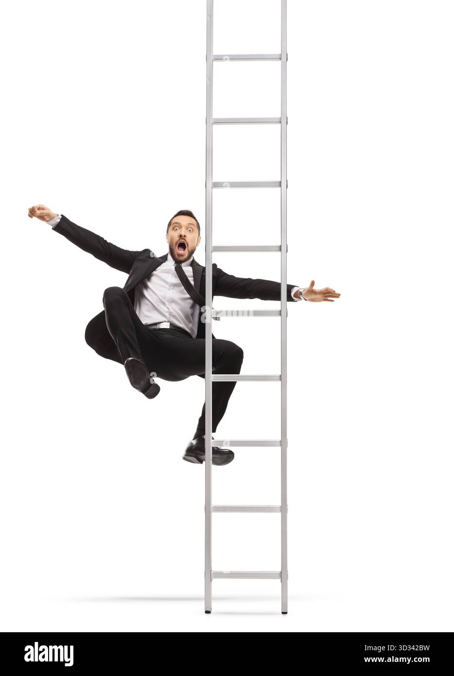 Portrait of a businessman falling from a ladder isolated on white ...