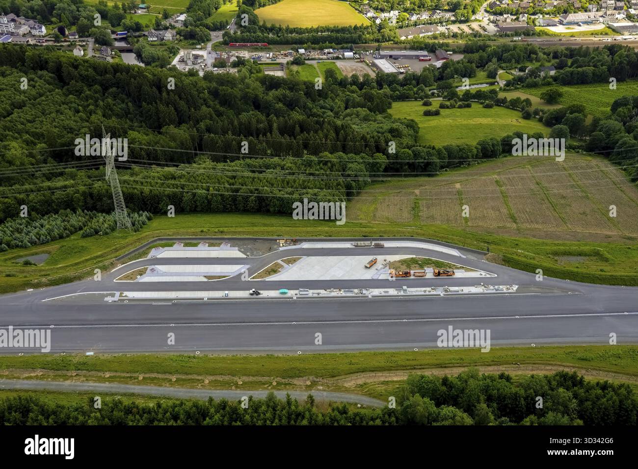 Aerial view of the Nuttlar car park of the A44 motorway with the ...