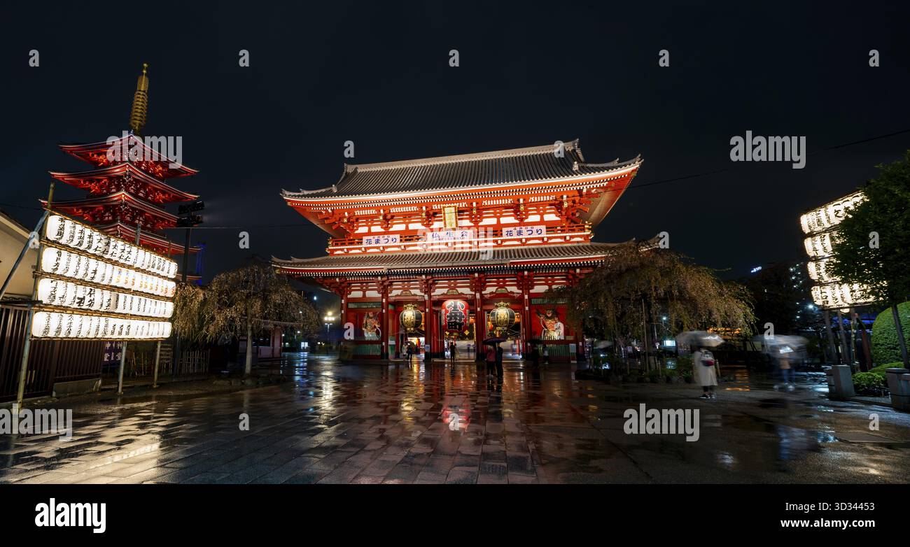Illuminated five-story pagoda and main hall of Asakusa Shrine or SensO ...