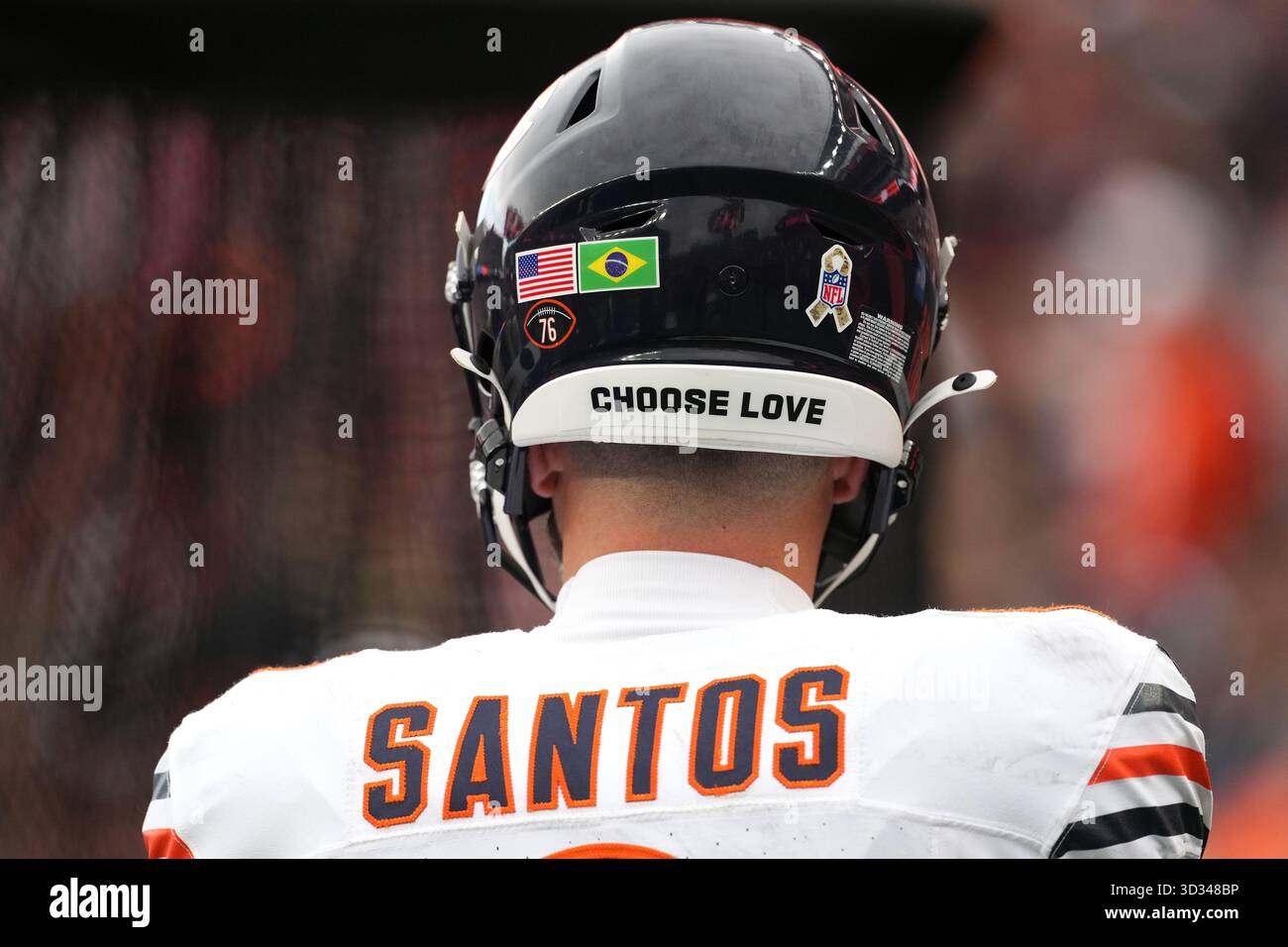 The American and Brazilian flags are seen on Chicago Bears kicker Cairo Santos' helmet as he ...