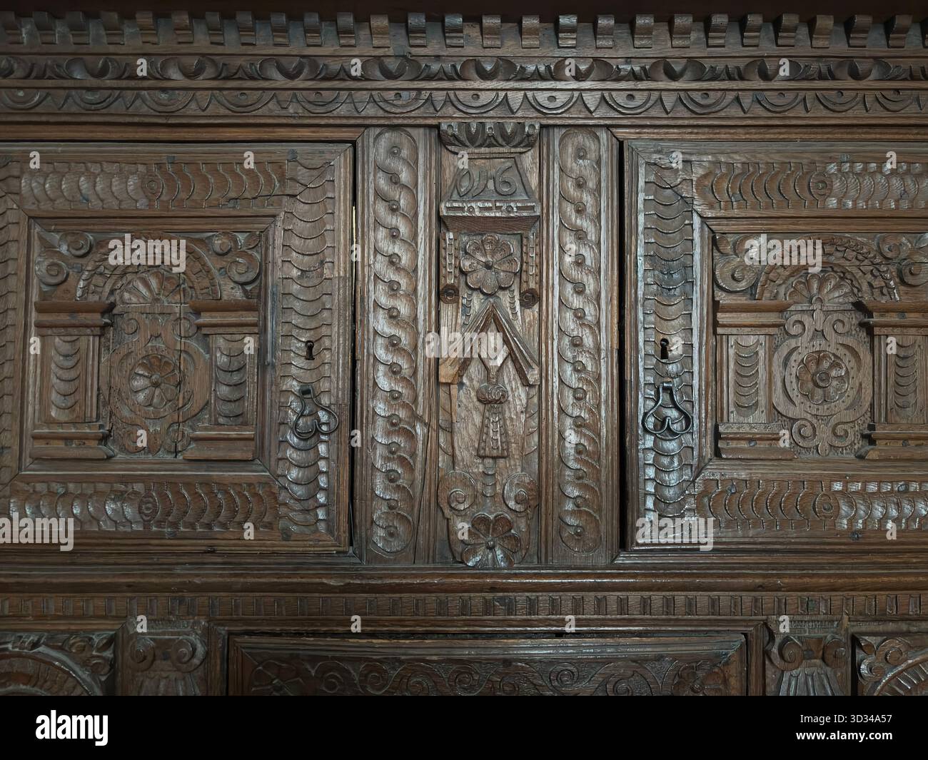 Medieval carved wood panel showing Danish historical decorations with ...