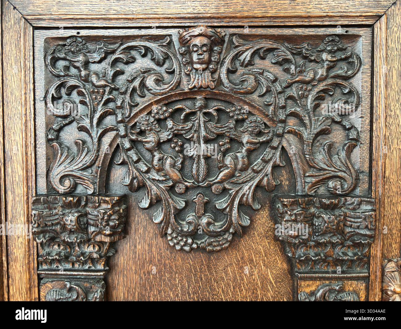 Medieval carved wood panel showing Danish historical decorations with ...