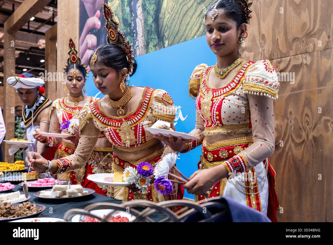 London, UK. 4 November 2025. Traditional dancers on the Sri Lanka stand at World Travel Market ...