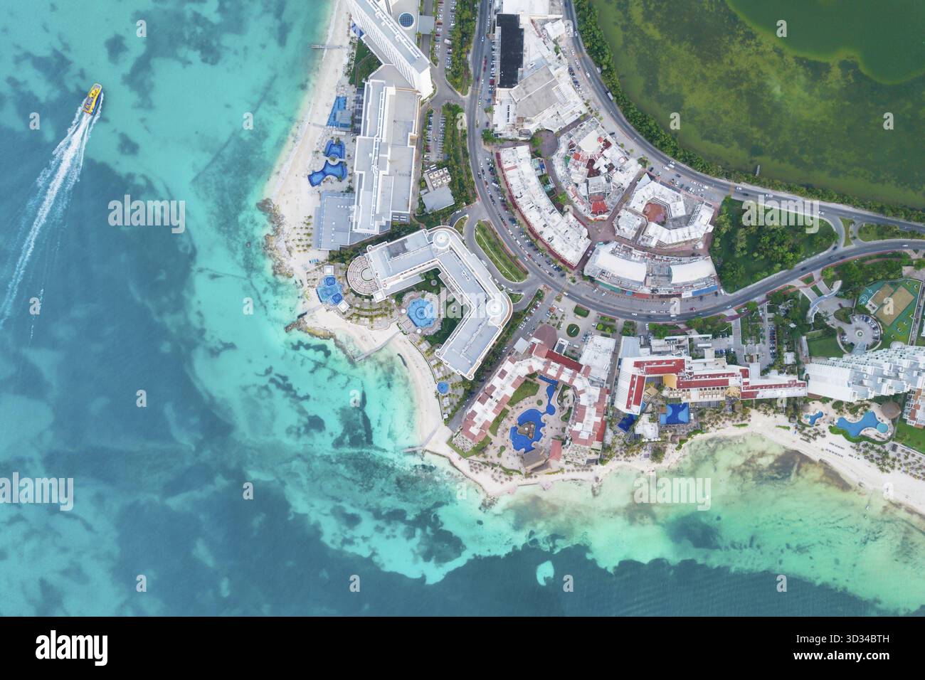 Aerial panoramic view of Cancun city hotel zone in Mexico. Caribbean ...