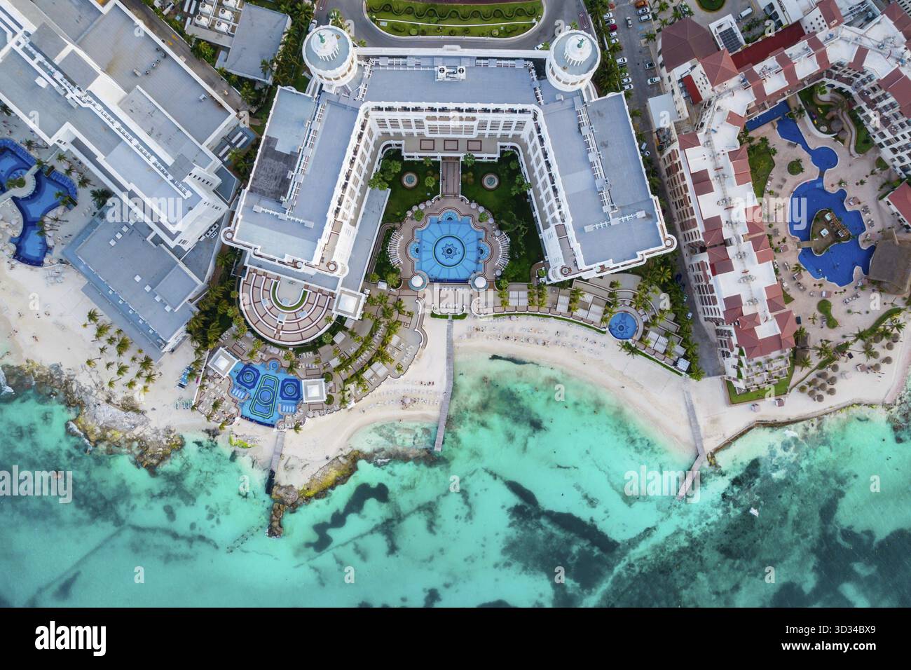 Aerial top down view of Cancun city hotel zone in Mexico. Caribbean ...