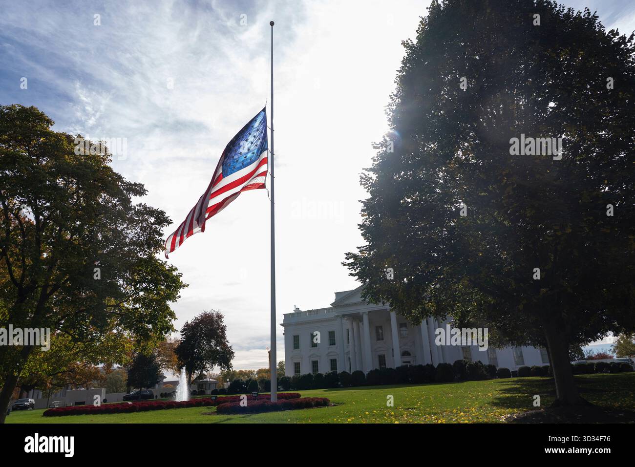 The American flag is seen at half-staff, Tuesday, Nov. 4, 2025, at the ...