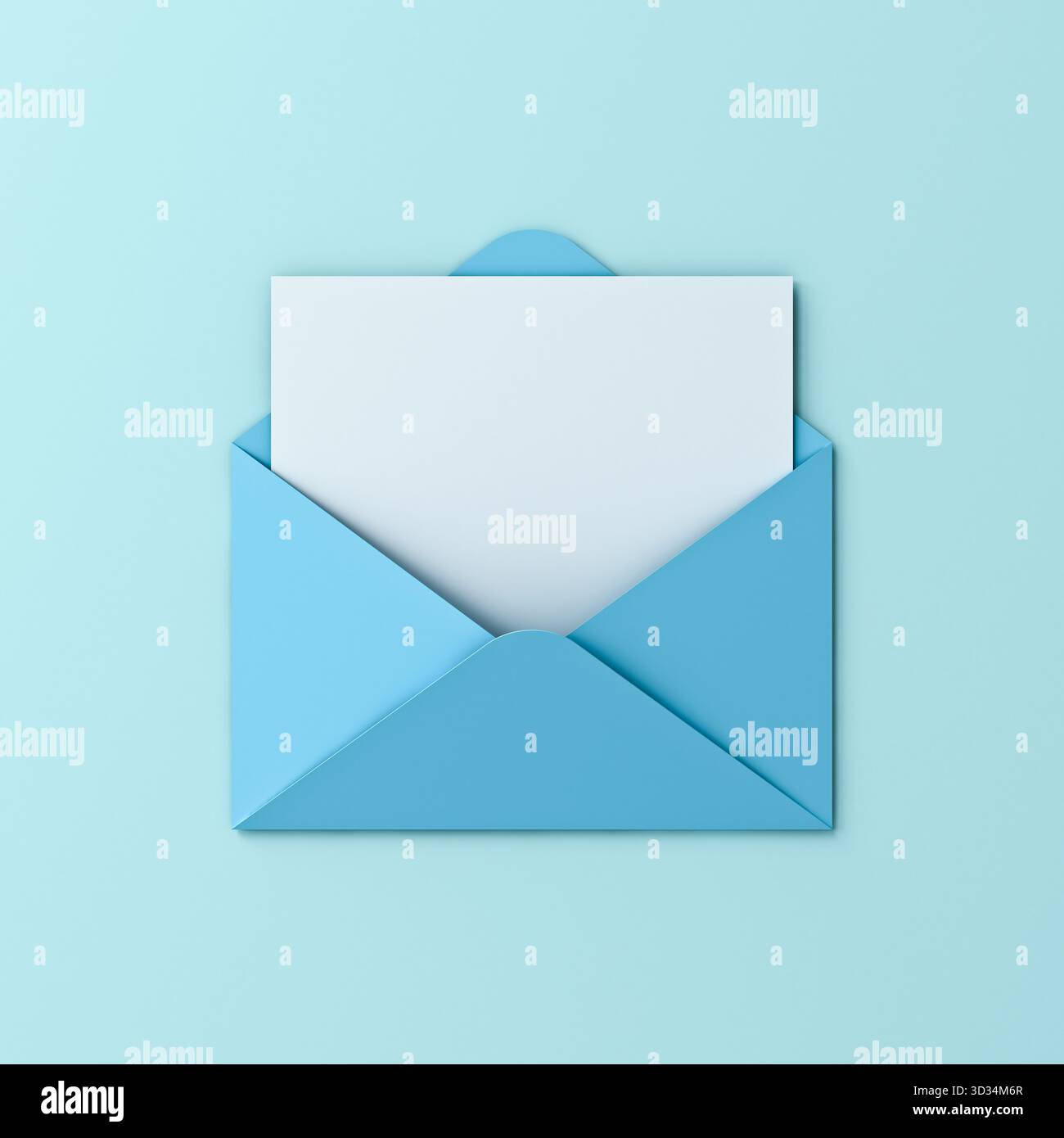 Blank white paper note card in blue envelope isolated on blue pastel ...