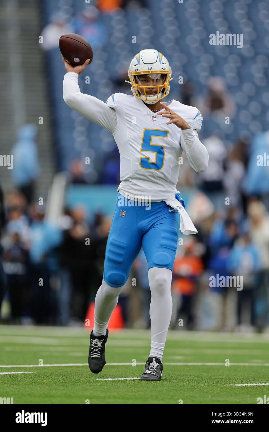 Los Angeles Chargers quarterback Trey Lance (5) warms up prior to an ...