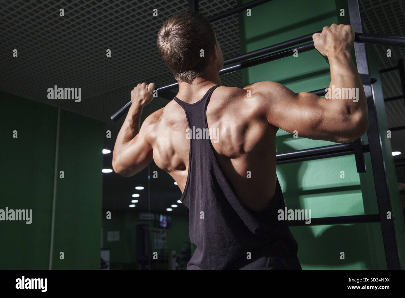 Back view of strong muscular sportsman doing pull ups in gym Stock ...