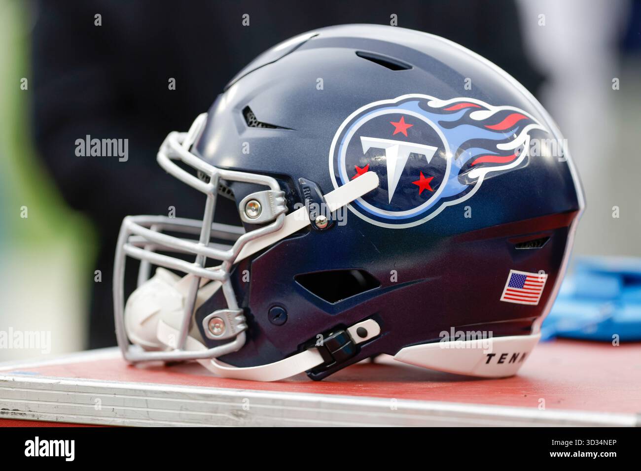 Detail view of a Tennessee Titans helmet on the bench prior to an NFL ...