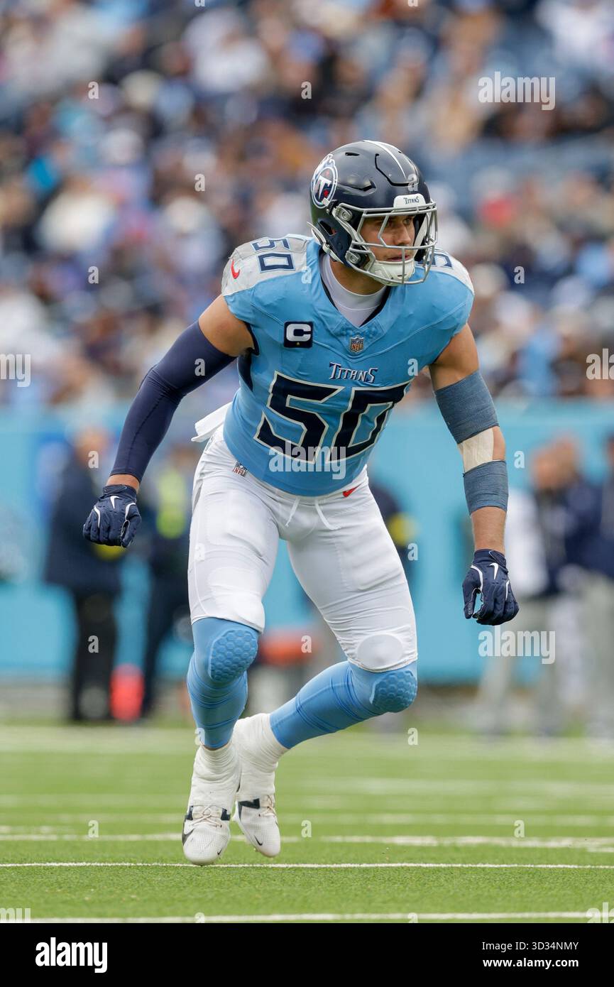 Tennessee Titans linebacker Cody Barton (50) defends during the first ...