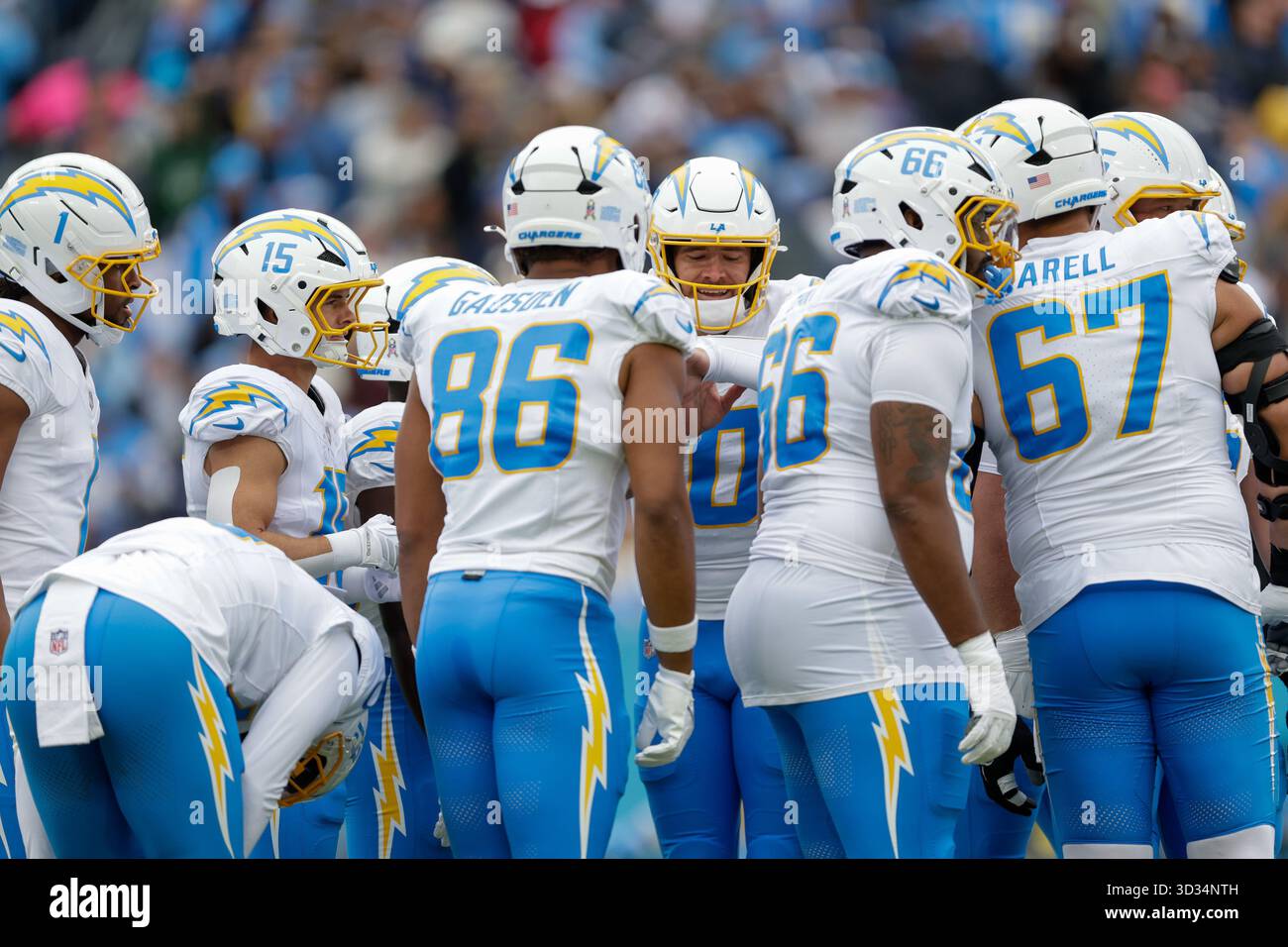 Los Angeles Chargers offense huddles up during the first half of an NFL ...
