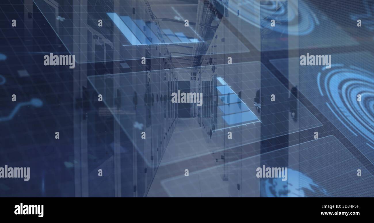 Displaying data center corridor with server racks, cabling, featuring ...
