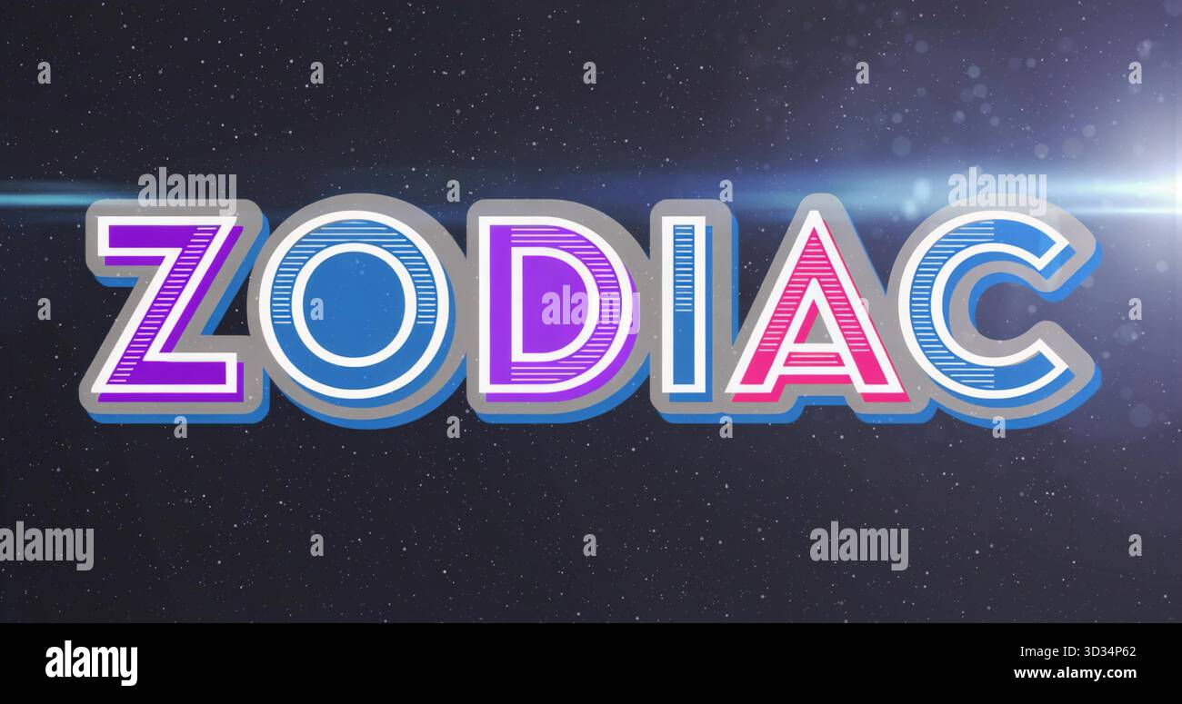 Displaying bold stylized ZODIAC lettering glowing in dark starry ...