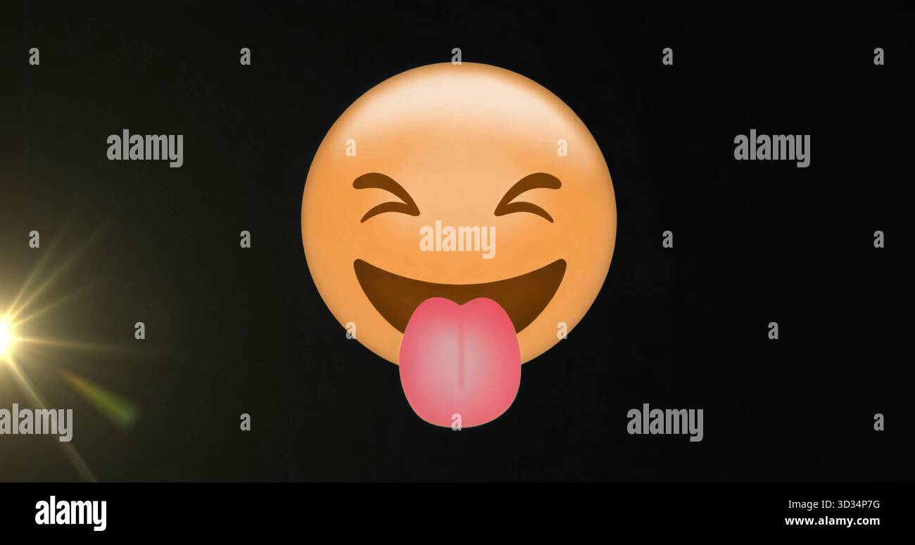 Floating yellow smiley face emoji sticking out pink tongue in black ...