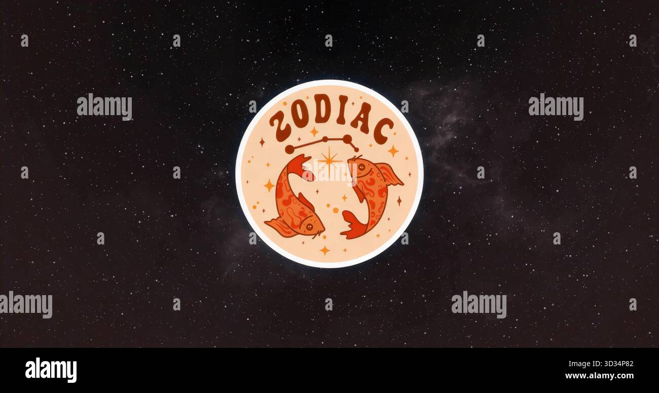 Displaying zodiac emblem glowing against night sky, with stylized fish ...
