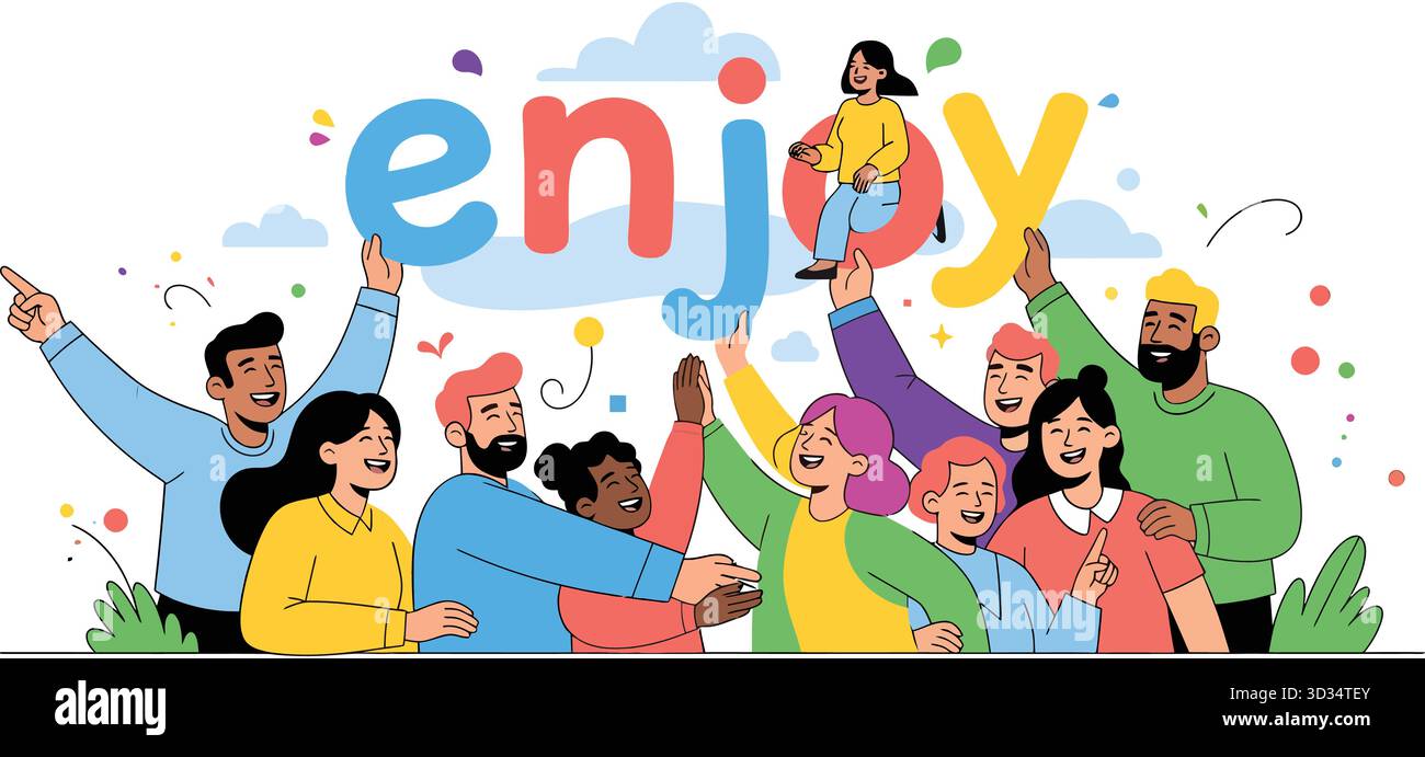 Diverse Group of People Celebrating with Enjoy Text and Colorful ...