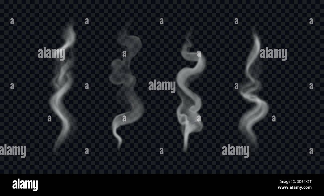 Wavy smoke and steam from hot food or coffee. Different vertical vapor ...
