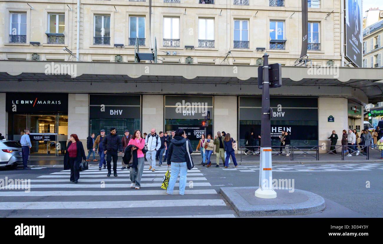 Paris, France, BHV Marais facade featuring a Shein advertisement Stock ...