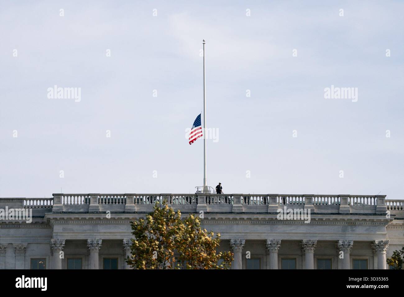 The American flag is seen at half-staff, Tuesday, Nov. 4, 2025, at the ...