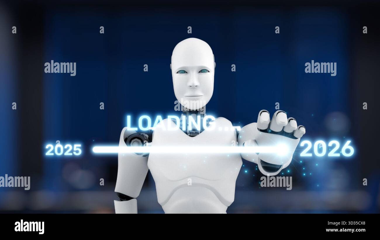 A sleek robotic figure interacts with a digital loading bar ...