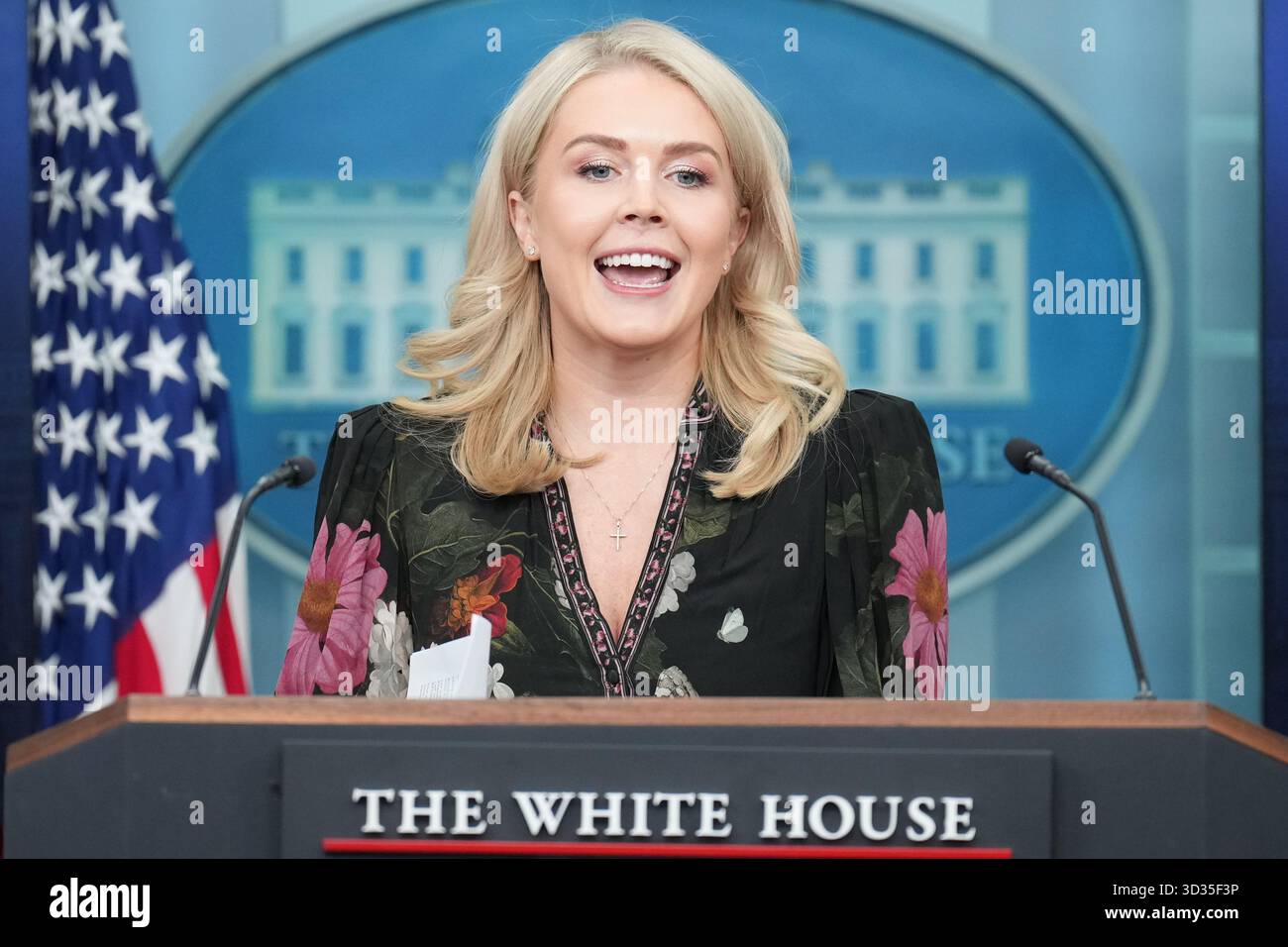 White House press secretary Karoline Leavitt speaks to reporters in the ...