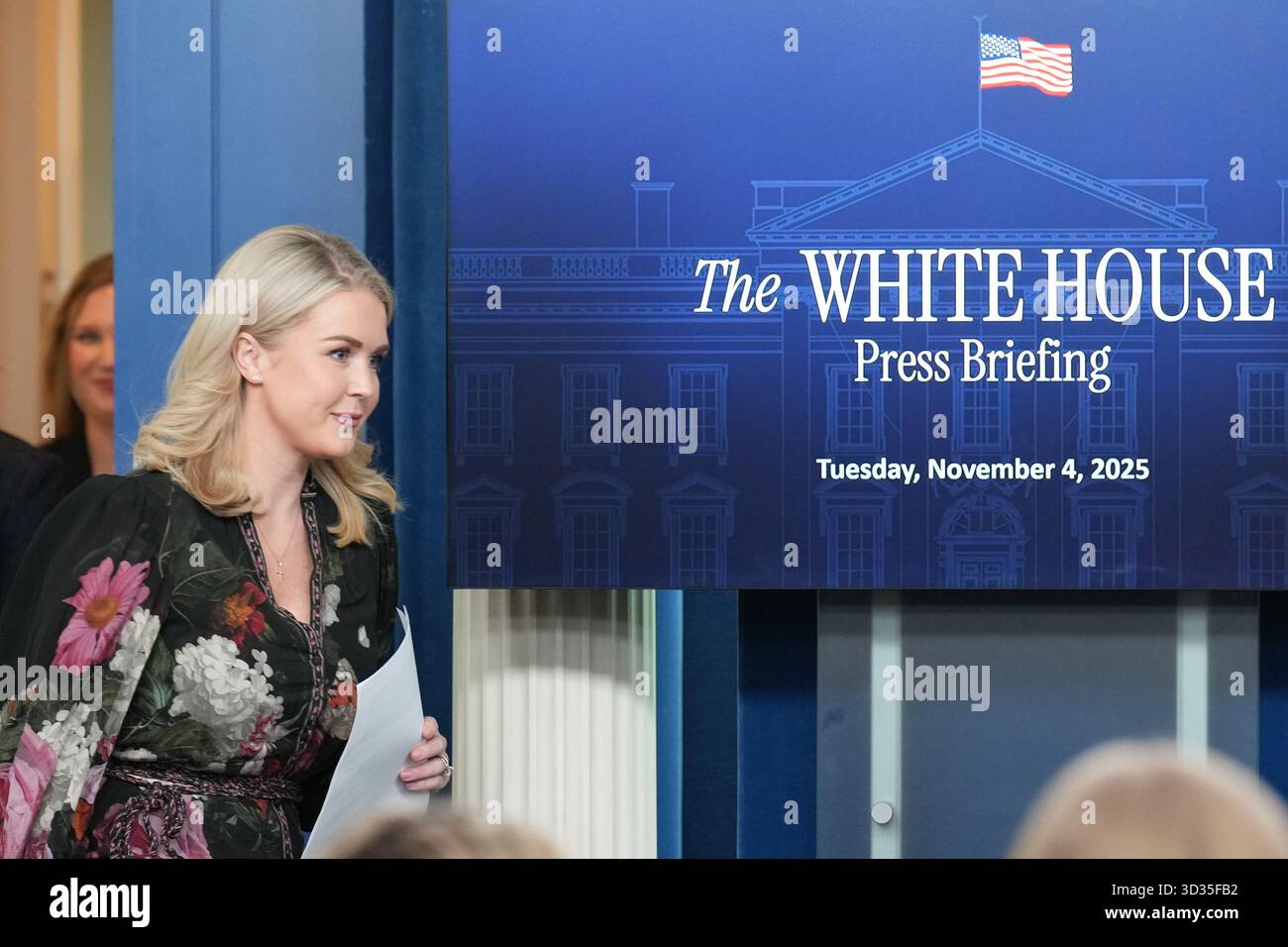 White House press secretary Karoline Leavitt arrives to speak with ...
