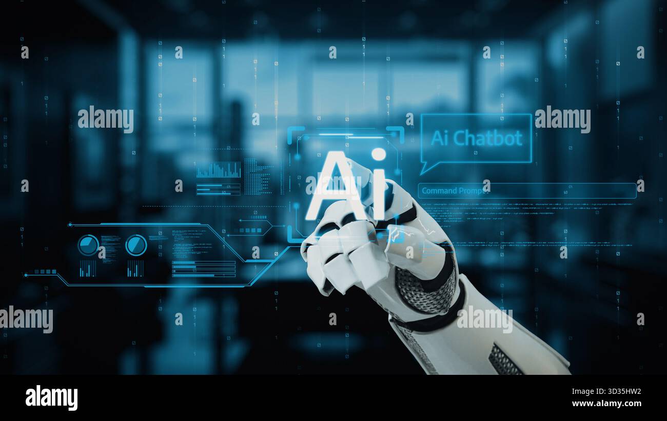 A robotic hand interacts with an advanced AI technology interface ...