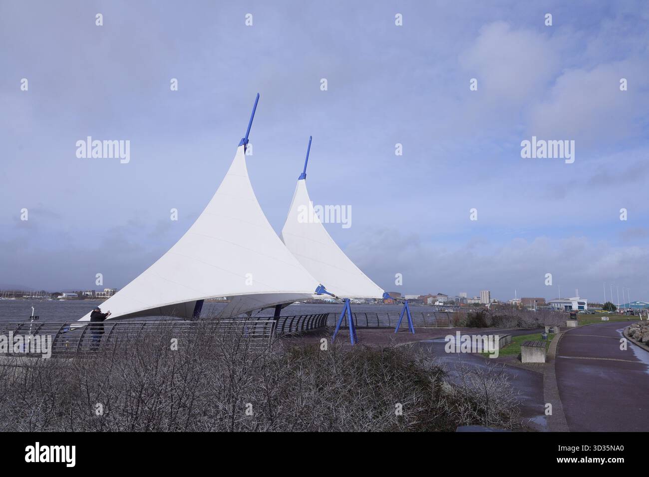 White sails at the Cardiff Barrage serve as public art installations ...