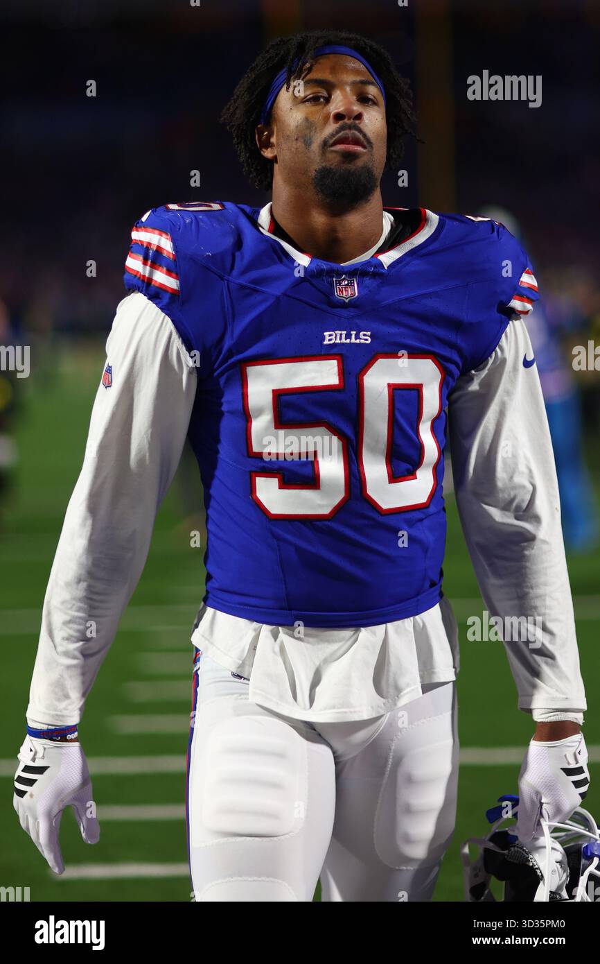 Buffalo Bills defensive end Greg Rousseau (50) walks off the field ...