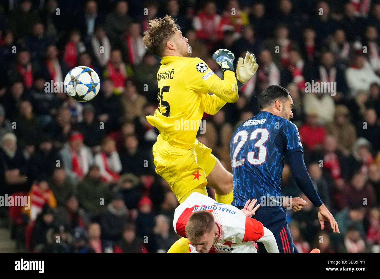 Arsenal's Mikel Merino, right, scores his side's third goal during the ...