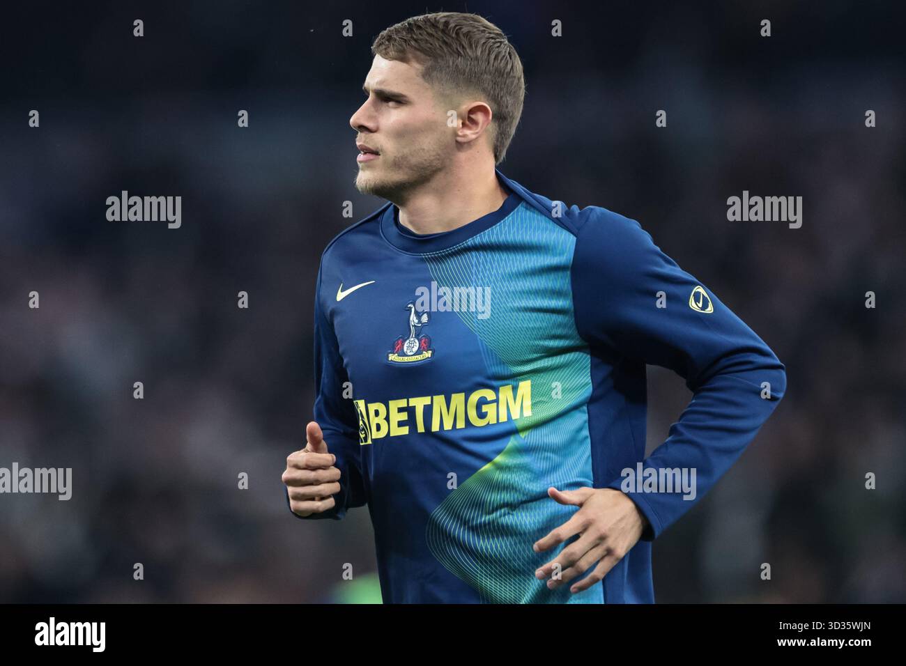 Micky van de Ven of Tottenham Hotspur in the pregame warmup session during the UEFA Champions ...