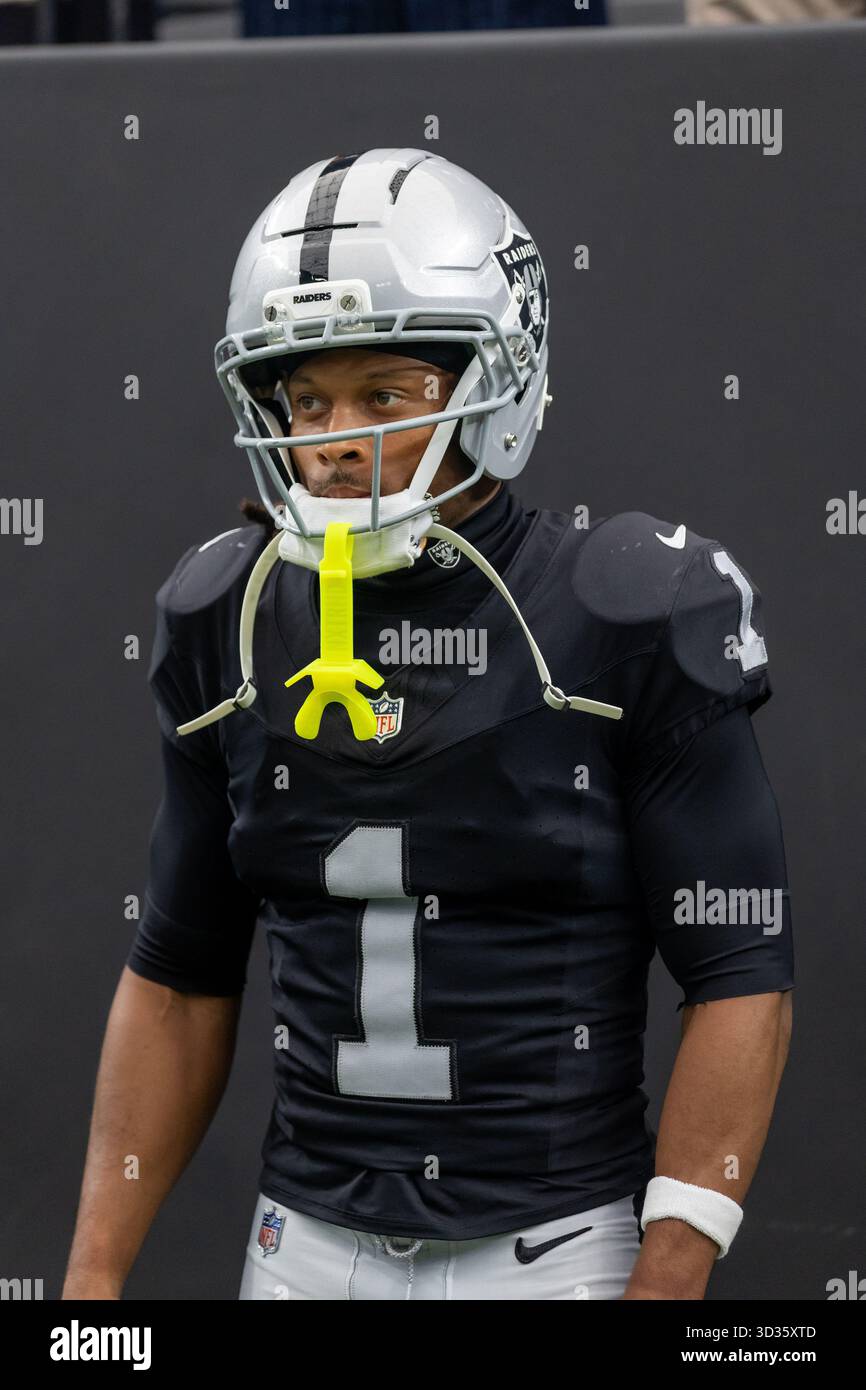 Las Vegas Raiders wide receiver Tre Tucker (1) enters the field during ...