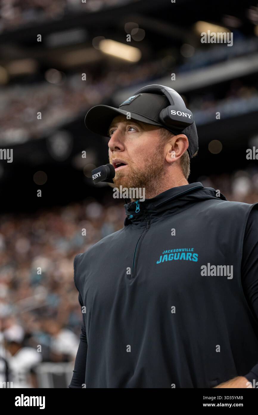 Jacksonville Jaguars head coach Liam Coen coaches against the Las Vegas ...