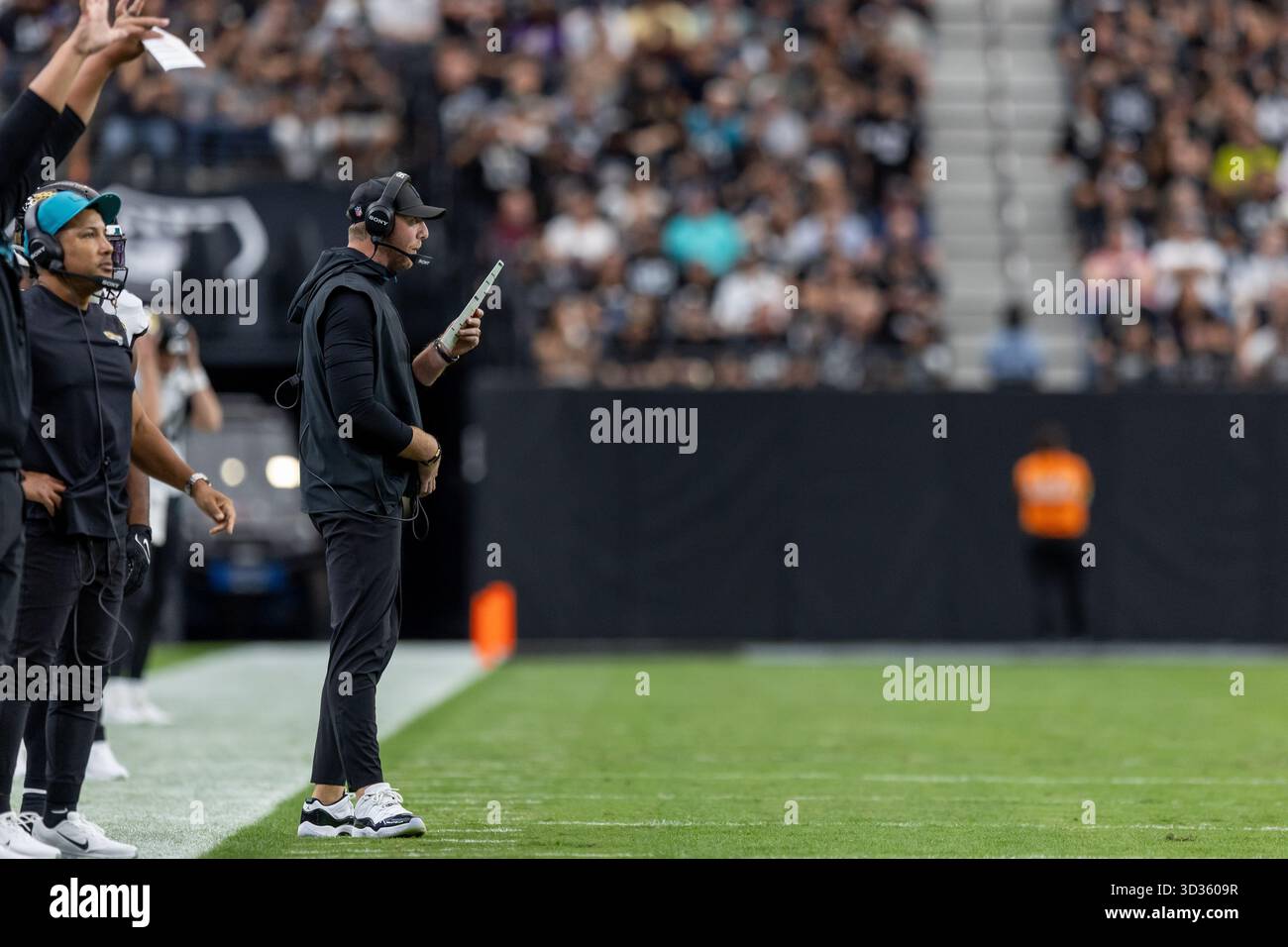 Jacksonville Jaguars head coach Liam Coen coaches against the Las Vegas ...