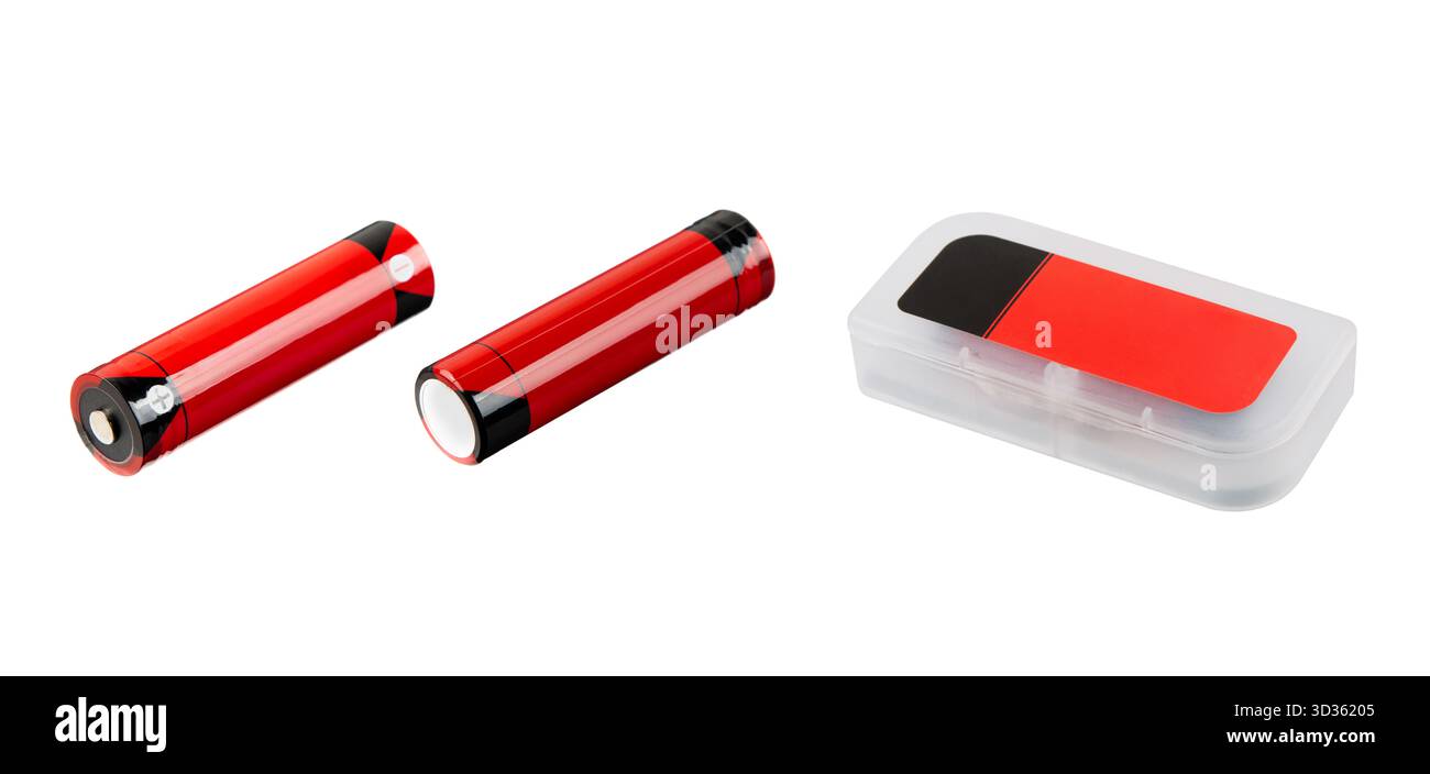 Two red and black cylindrical batteries are shown next to a clear ...