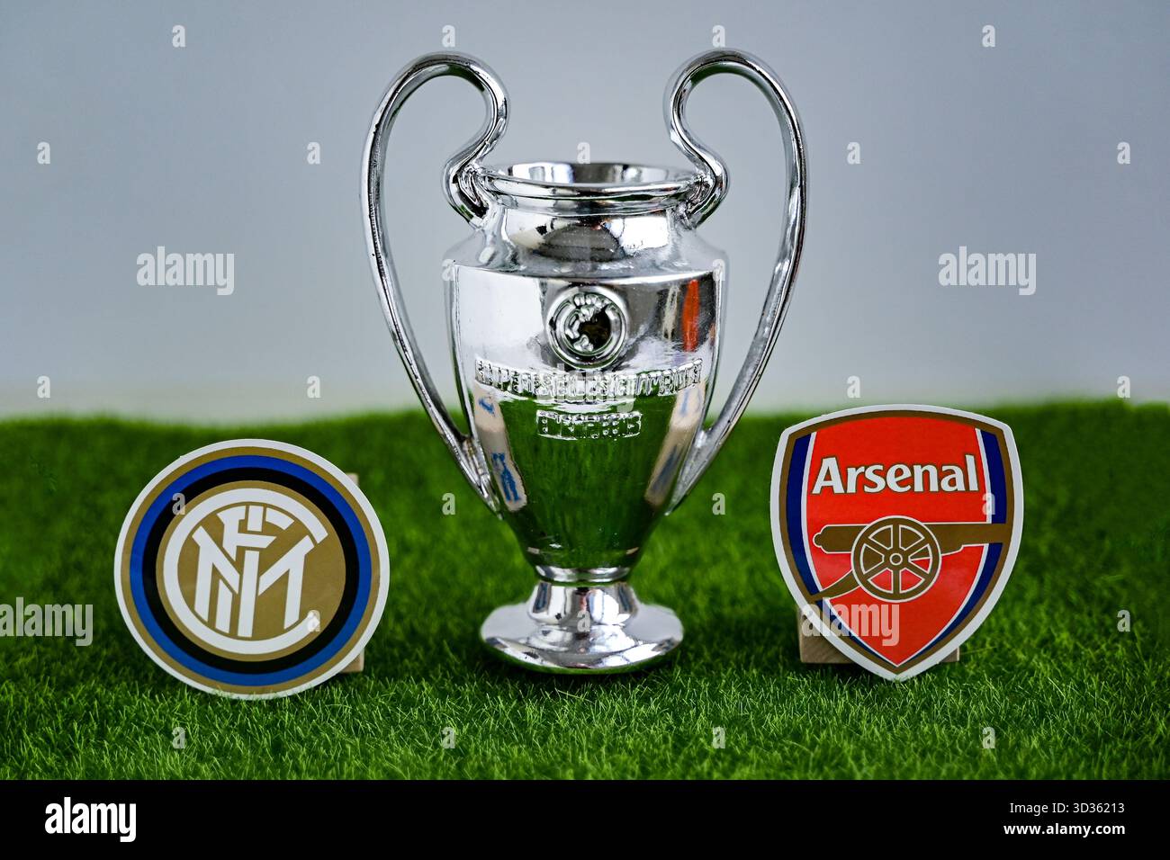 April 18, 2025, Moscow, Russia. The emblems of the football clubs ...