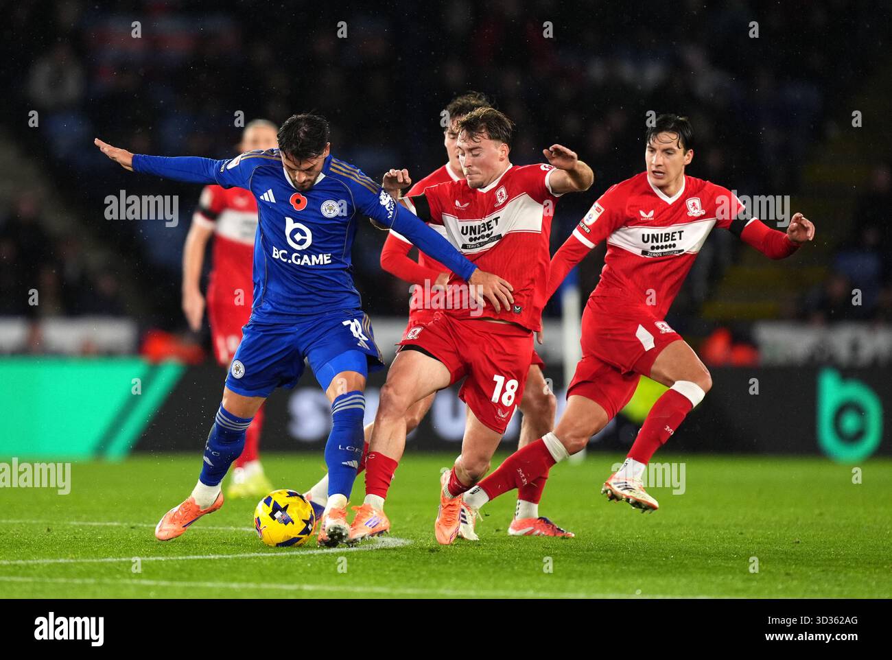 Leicester City's Julian Carranza and Middlesbrough's Aidan Morris ...
