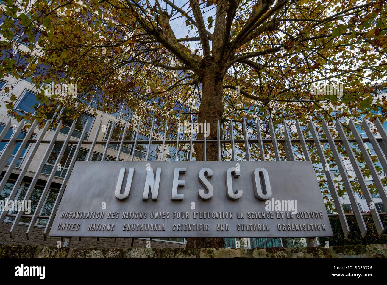 Sign outside the headquarters of UNESCO, an international institution ...