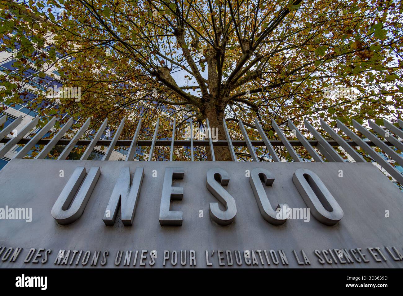 Sign outside the headquarters of UNESCO, an international institution ...