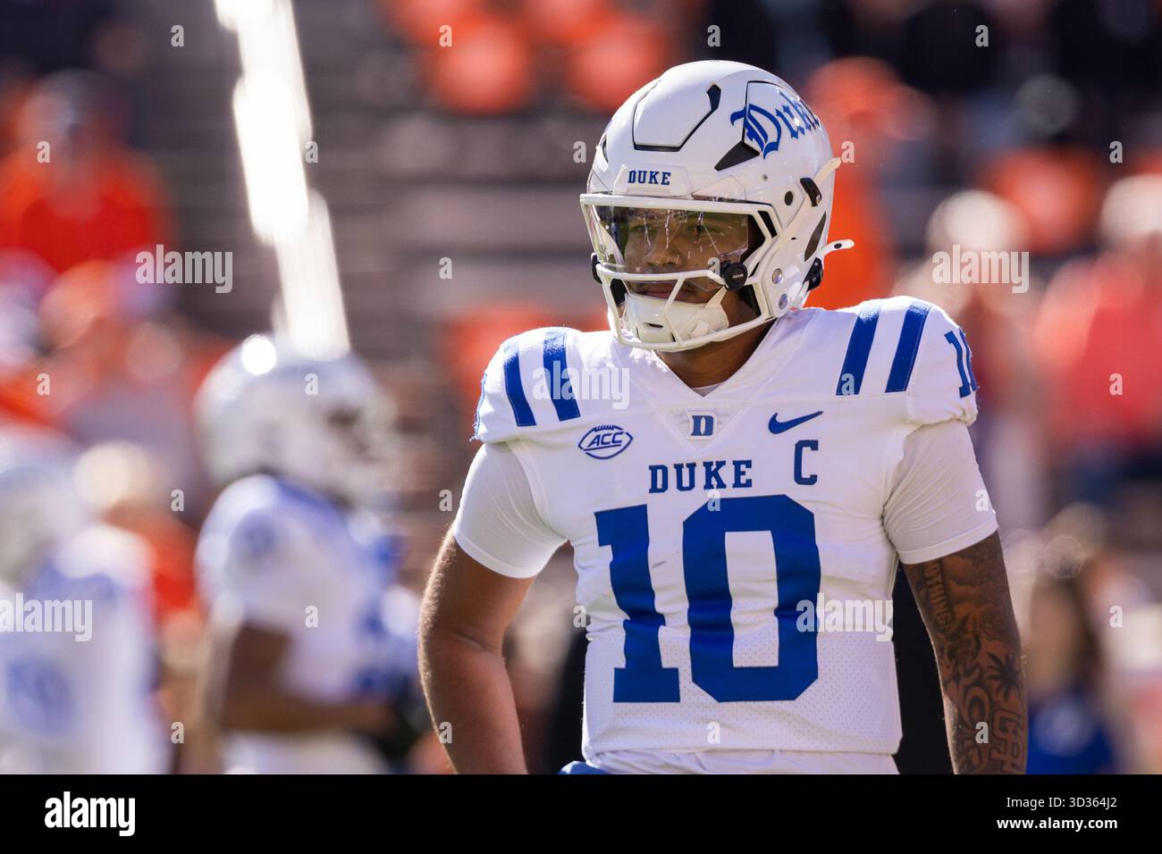 Duke quarterback Darian Mensah (10) looks on during pre game warm ups ...