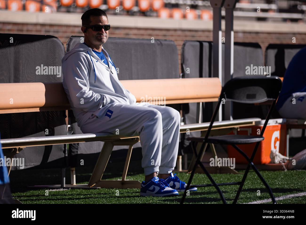 Duke head coach Manny Diaz sits on the bench before an NCAA college ...