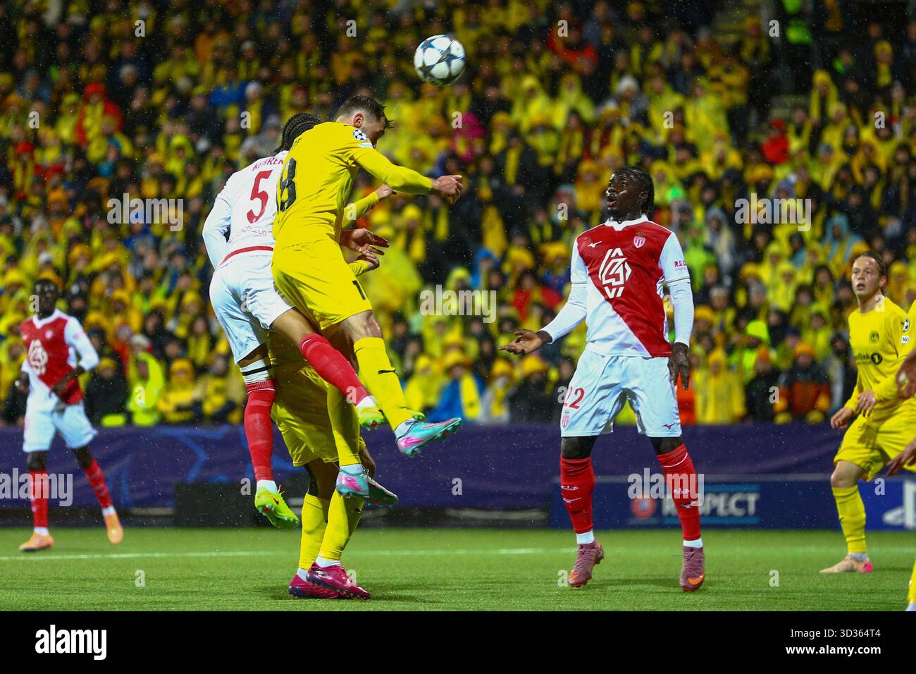 Bodø 20251104. Monaco's Thilo Kehrer and Bodø/Glimt's Brede Moe jump ...