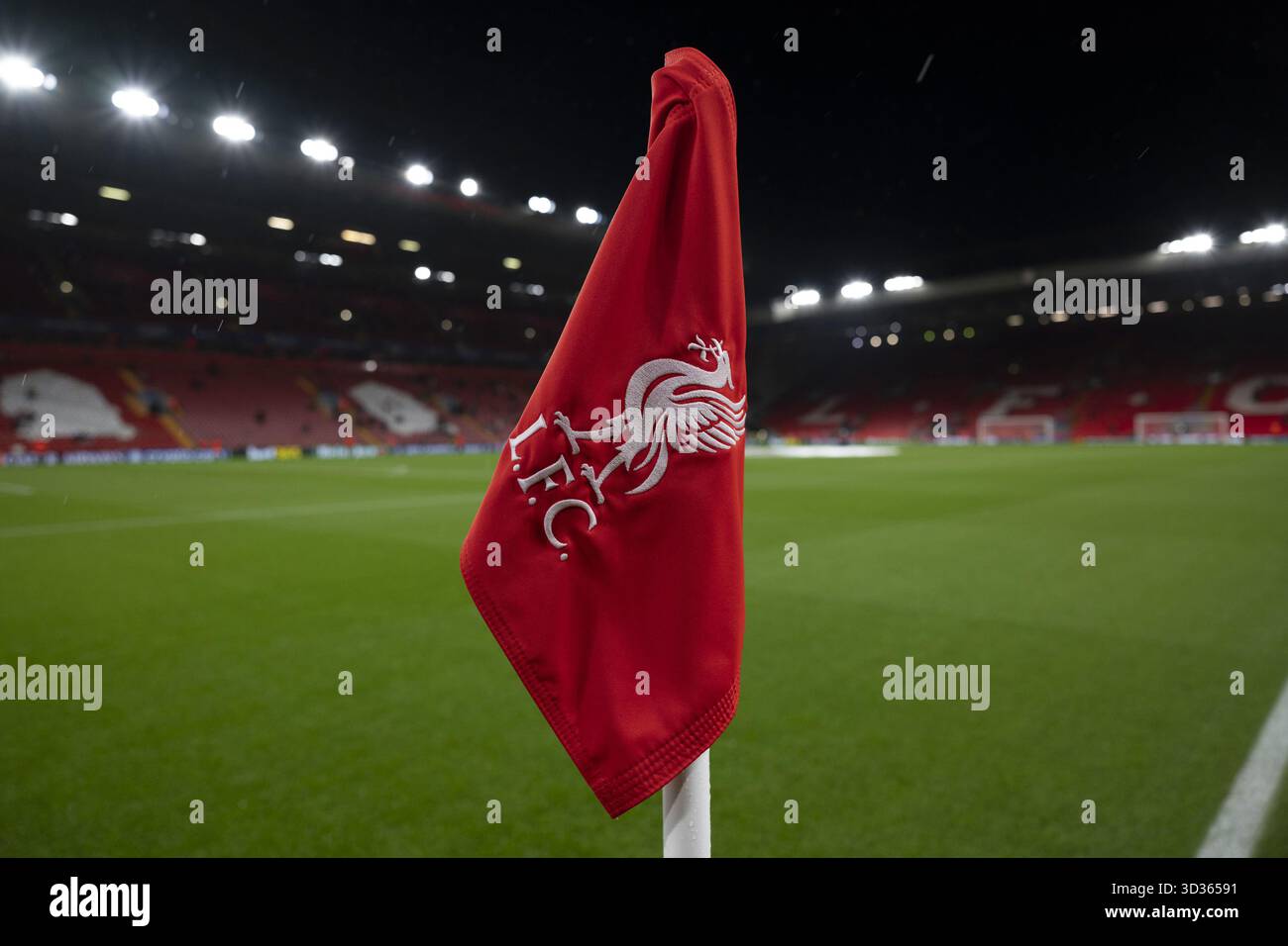 LIVERPOOL, ENGLAND - NOVEMBER 01: Corner flag with Liverpool FC emblem ...